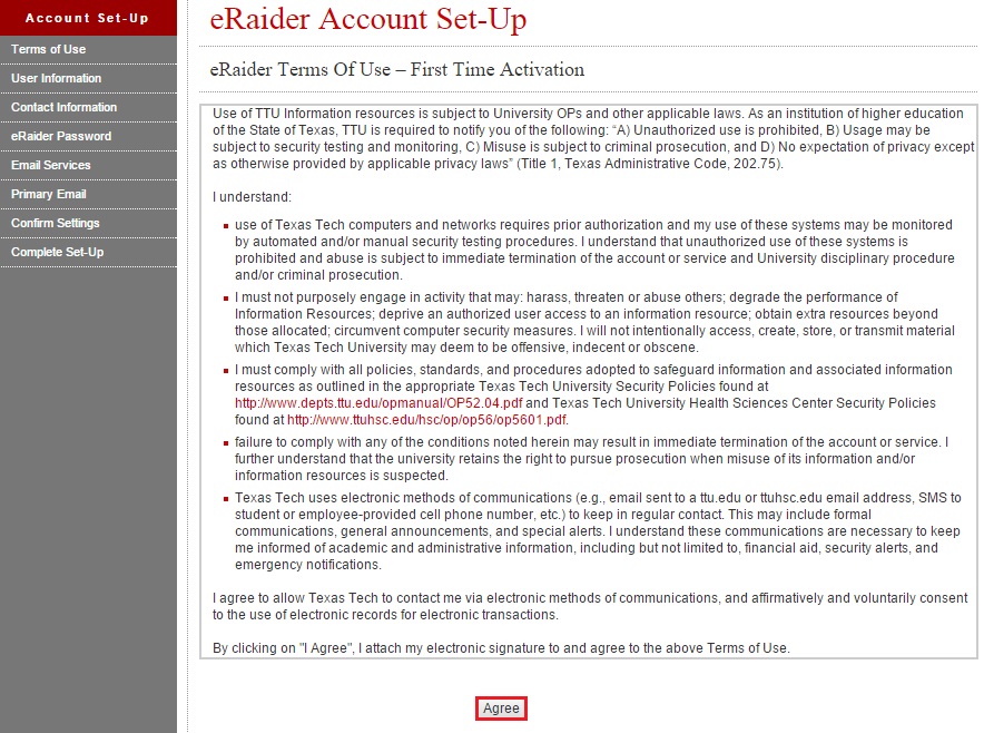 (Image of eRaider Account Set-Up Terms of Use page)